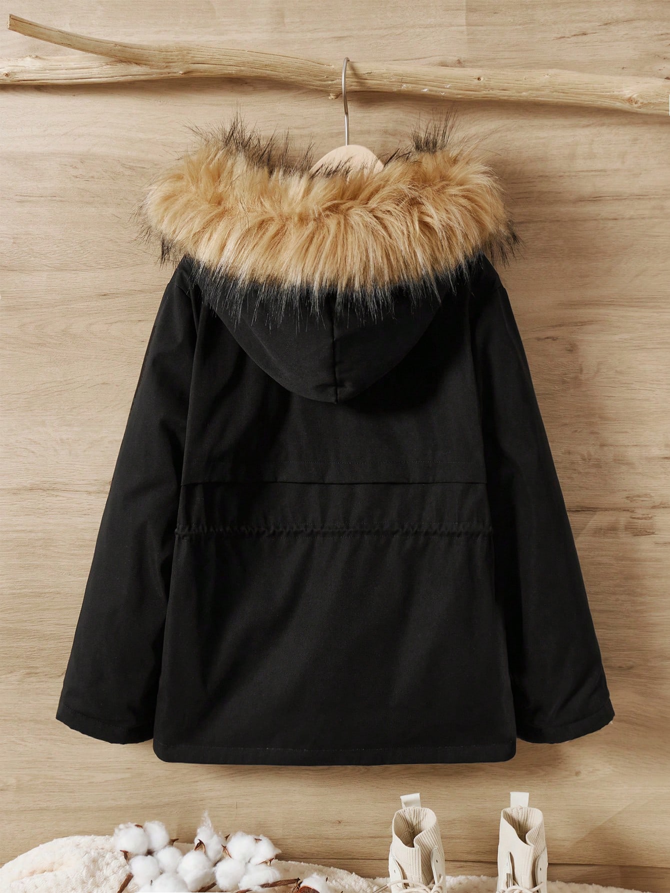 SHEIN Tween Girl Fuzzy Trim Teddy Lined Fuzzy Trim Hooded Thermal Lined ...