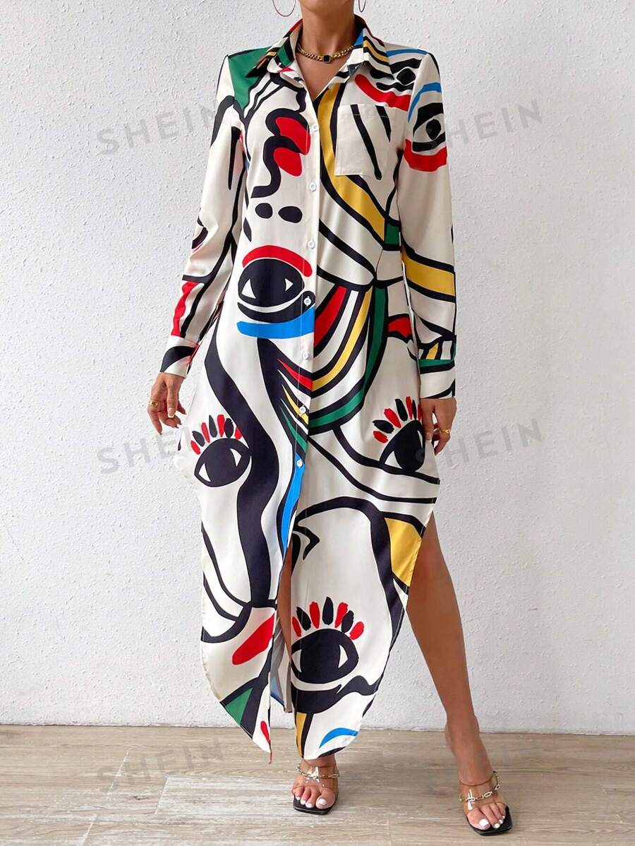 SHEIN LUNE Figure Graphic Button Front Shirt Dress | SHEIN UK