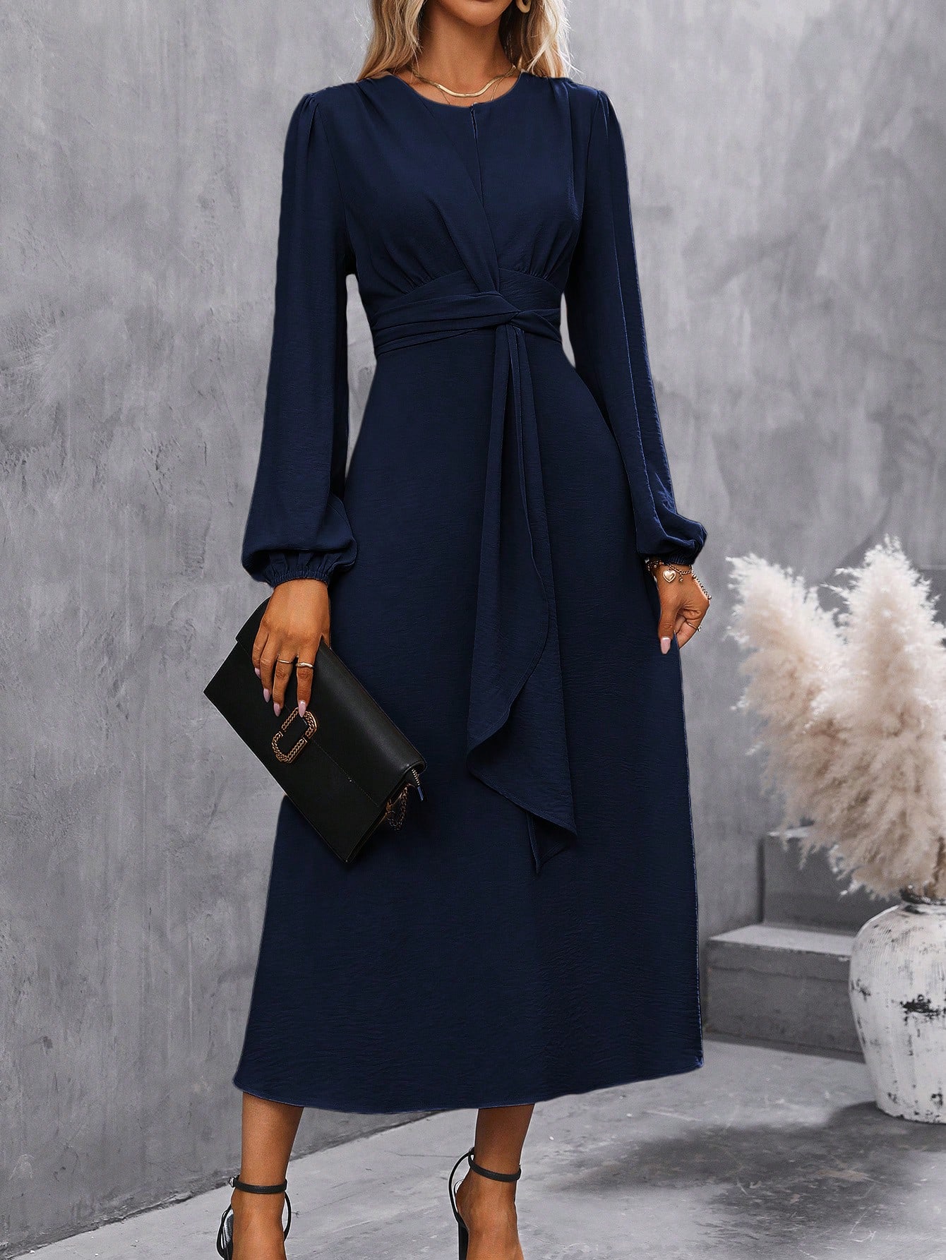 Solid Lantern Sleeve Tie Front Dress Shein Uk