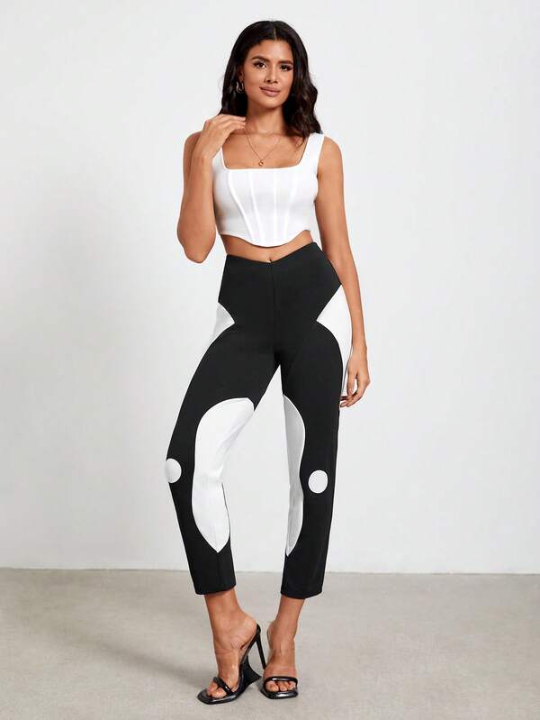 Keshae Trotter Yin & Yang Print Colorblock Pants | SHEIN USA