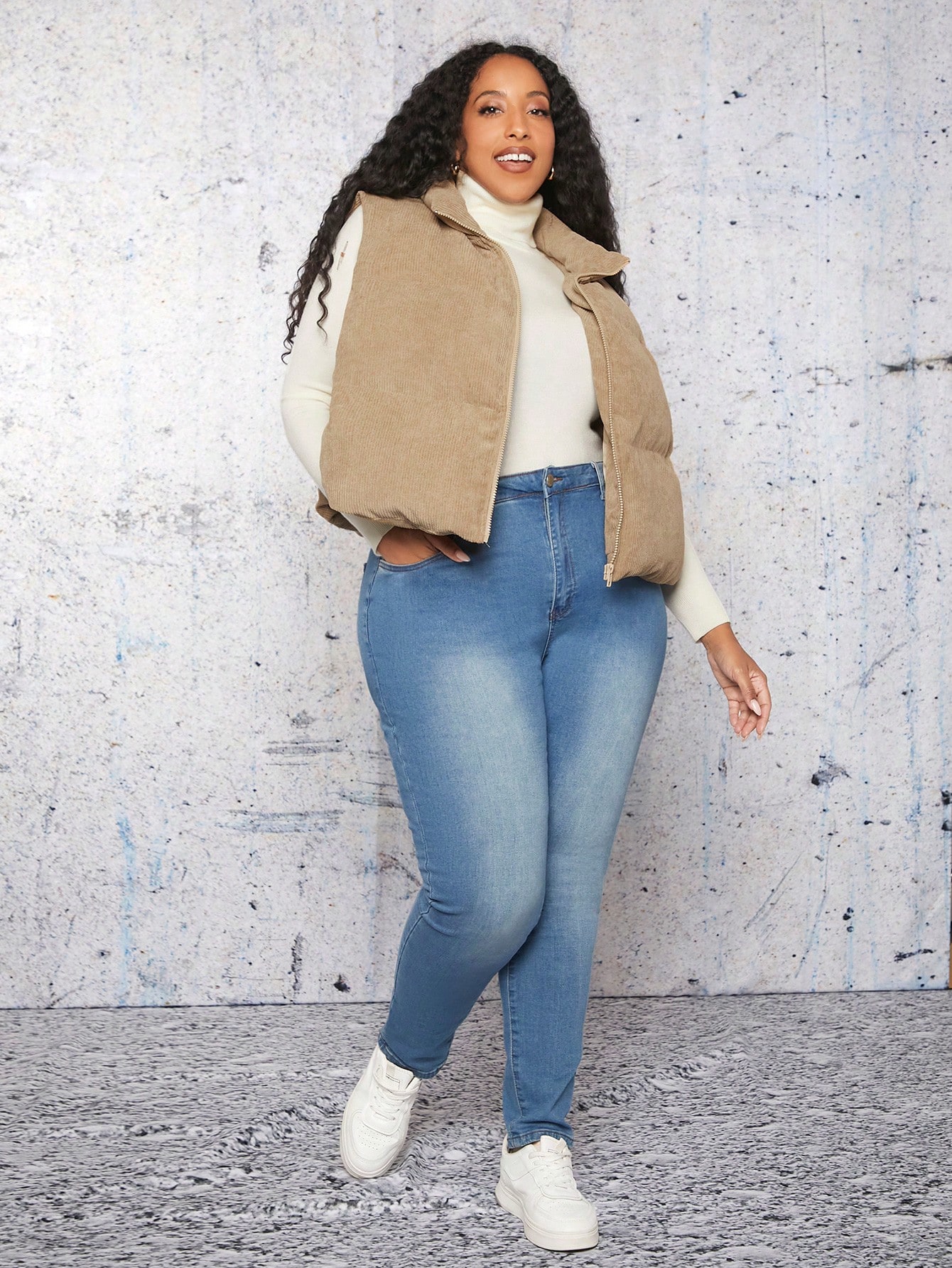 SHEIN CURVE+ Plus Zip Up Corduroy Vest Puffer Coat | SHEIN UK