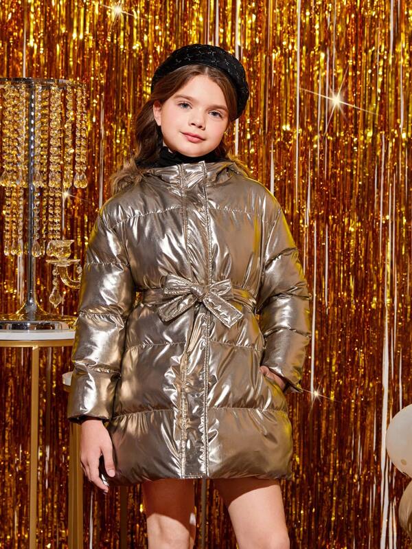 SHEIN Tween Girl Hooded Belted Puffer Coat | SHEIN UK