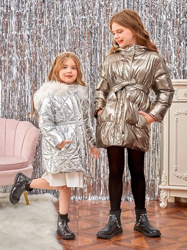SHEIN Tween Girl Hooded Belted Puffer Coat | SHEIN UK