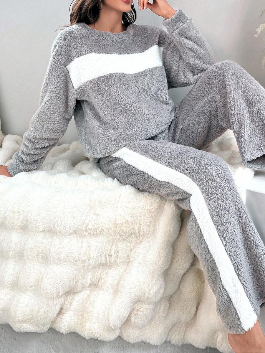 Color Block Teddy Lounge Set | SHEIN USA