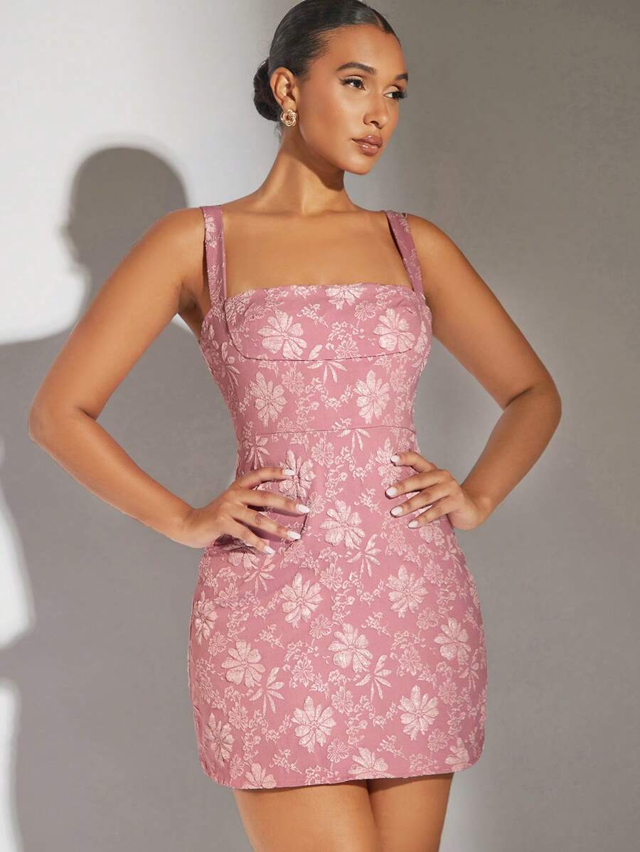 SHEIN BAE Woven Jacquard Pleated Sleeveless Mini Dress With Thick ...