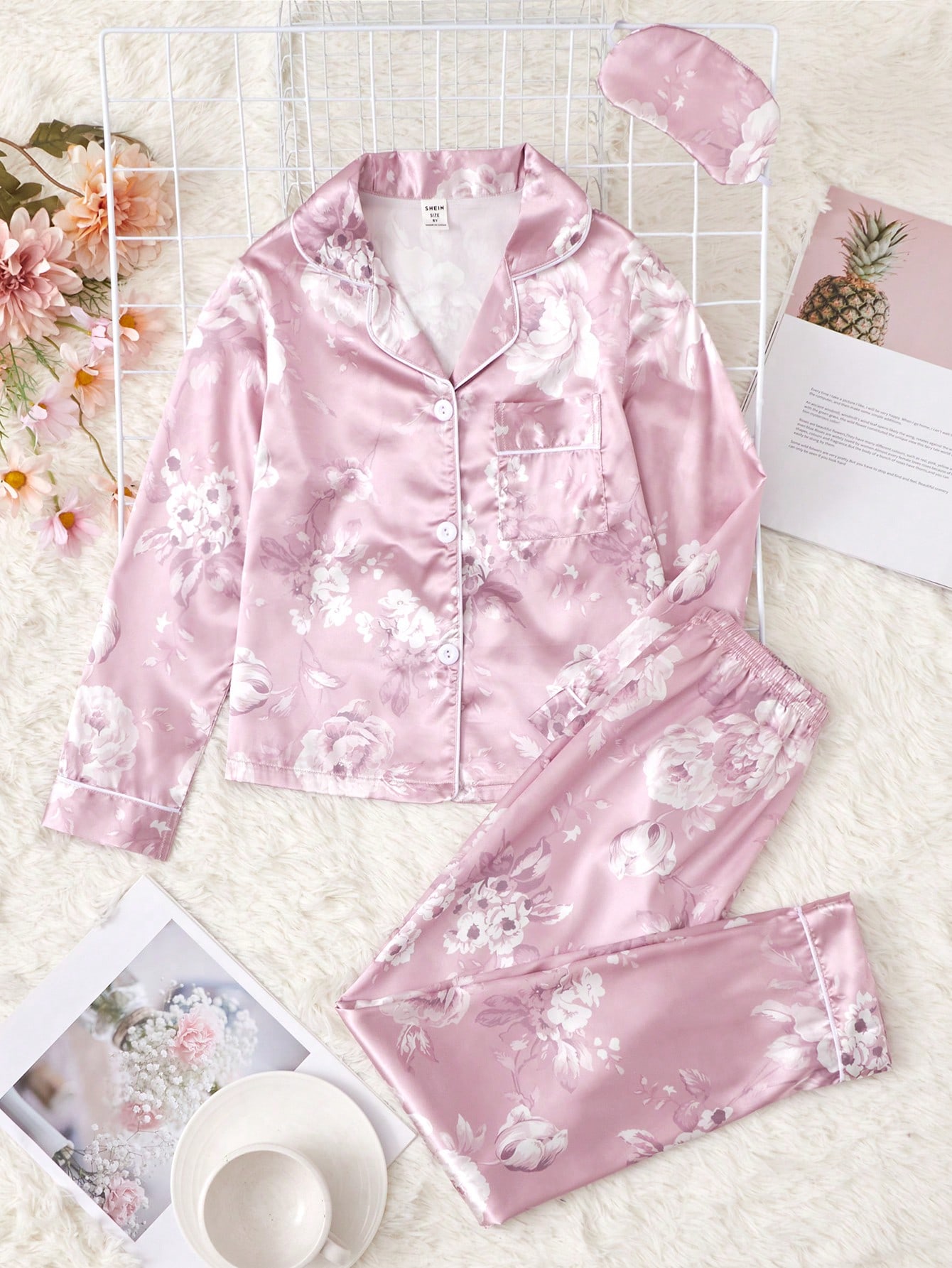 SHEIN Kids Nujoom Tween Girl Floral Print Contrast Piping Satin PJ Set ...