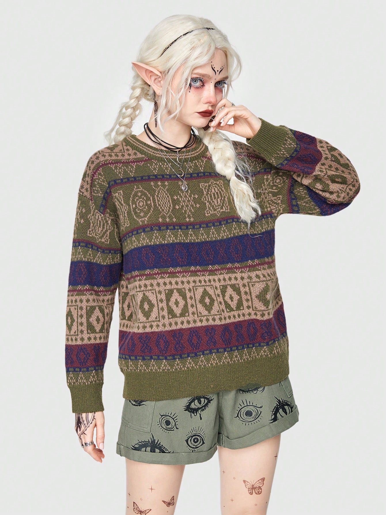 ROMWE Fairycore Geo Pattern Drop Shoulder Sweater | SHEIN USA