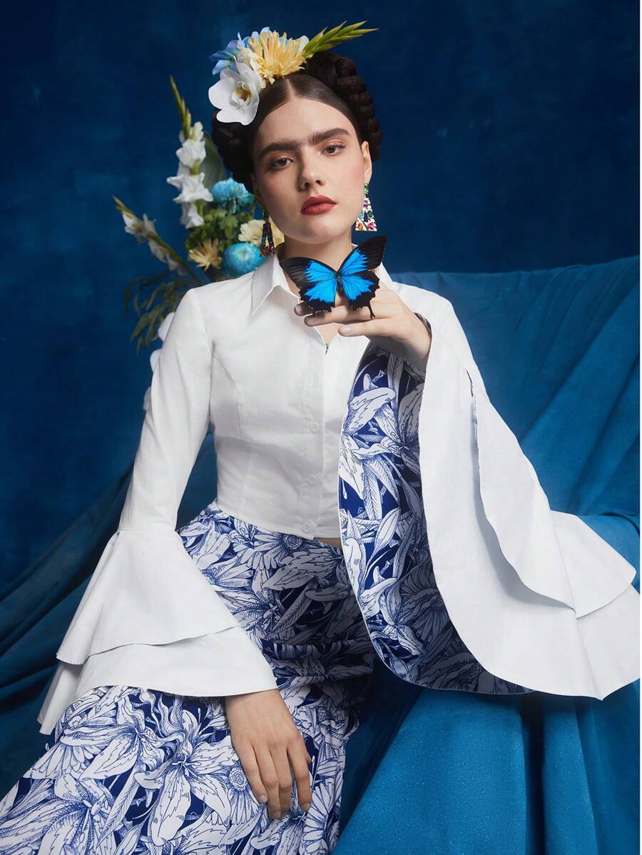 Israel Jasso Frida Kahlo X SHEIN X Designer Solid Flounce Sleeve Button ...