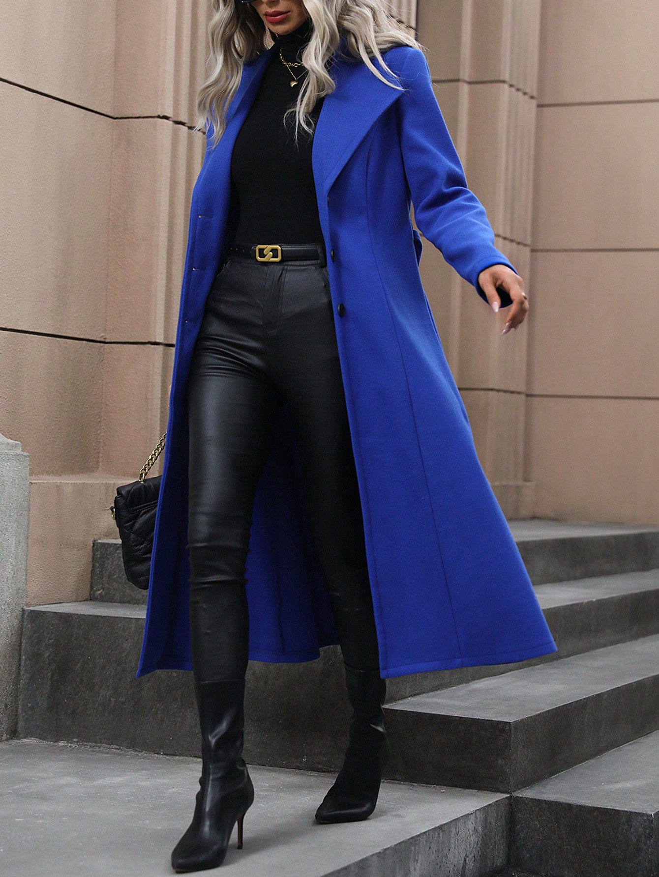 Waterfall Collar Belted Overcoat Shein Usa