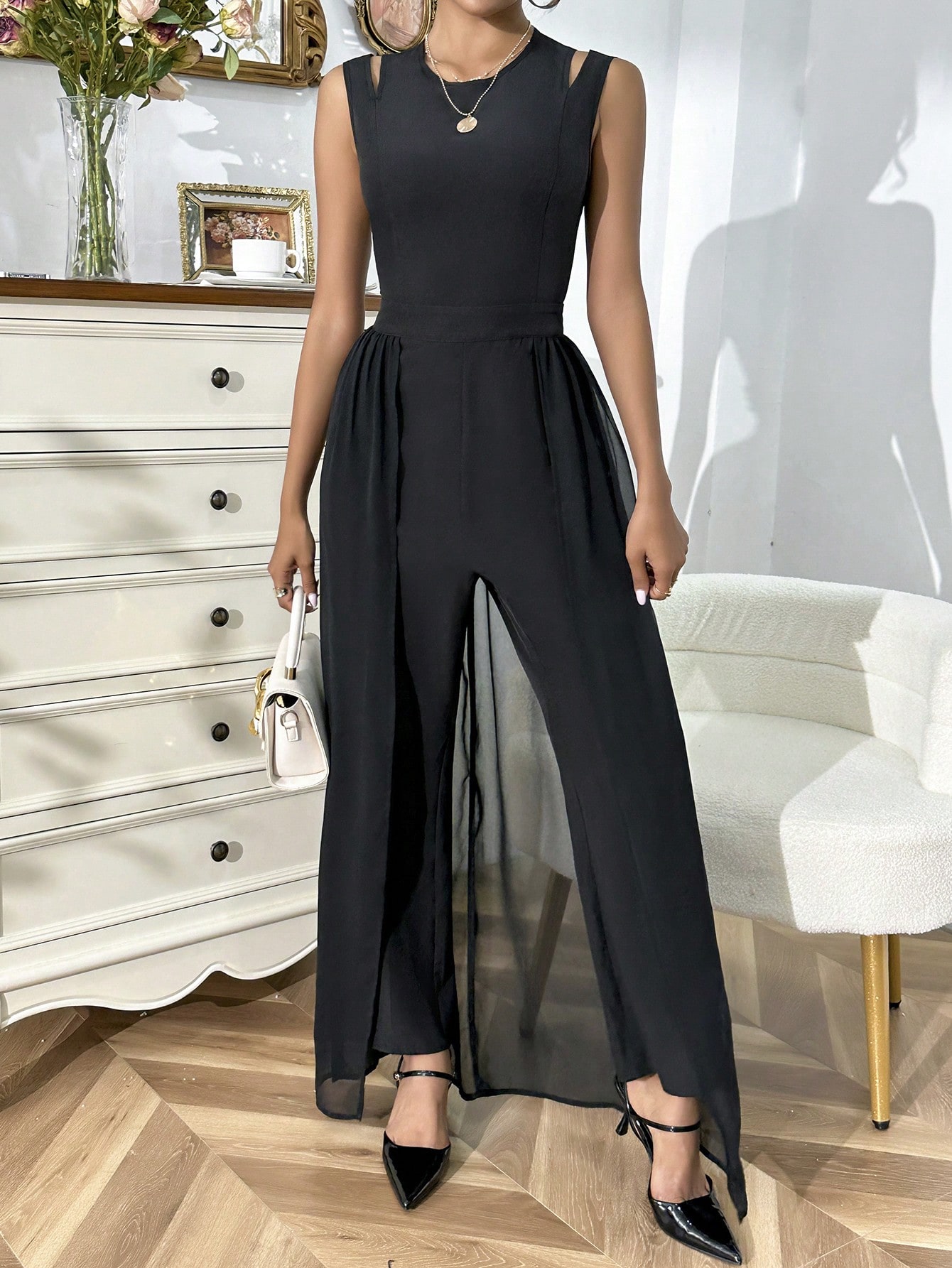SHEIN Unity Cut Out Shoulder Contrast Mesh Overlay Hem Jumpsuit | SHEIN USA