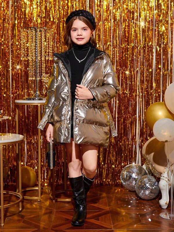 SHEIN Tween Girl Hooded Belted Puffer Coat | SHEIN UK