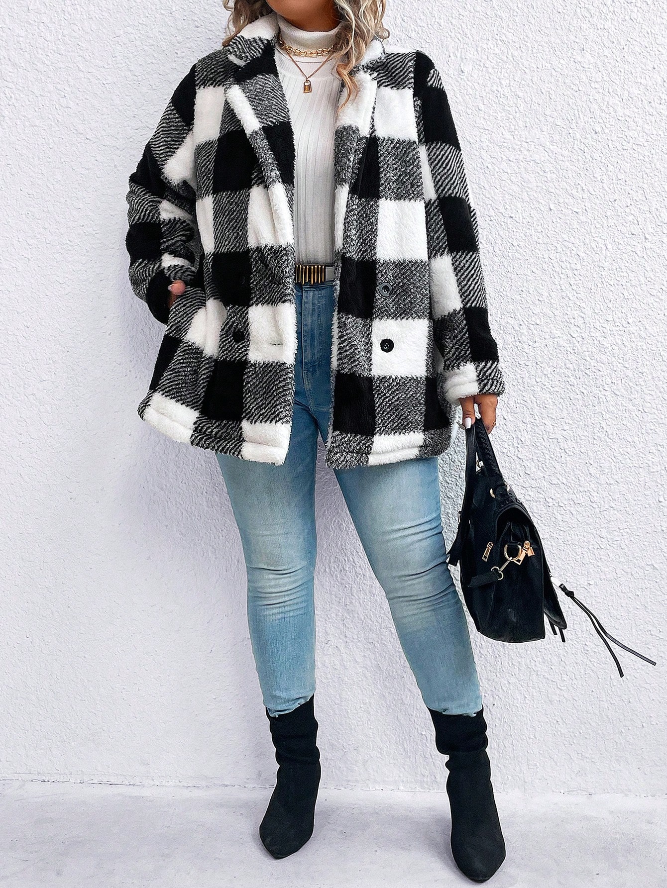 Shein Lune Plus Buffalo Plaid Pattern Double Breasted Teddy Coat