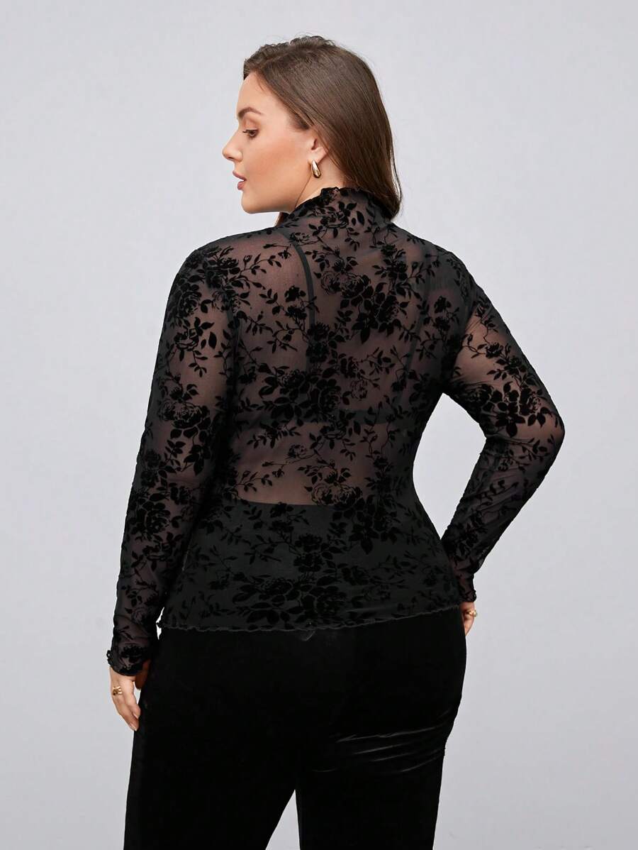 SHEIN BIZwear Top de Renda Transparente Preta com Floral Flocado e Gola ...