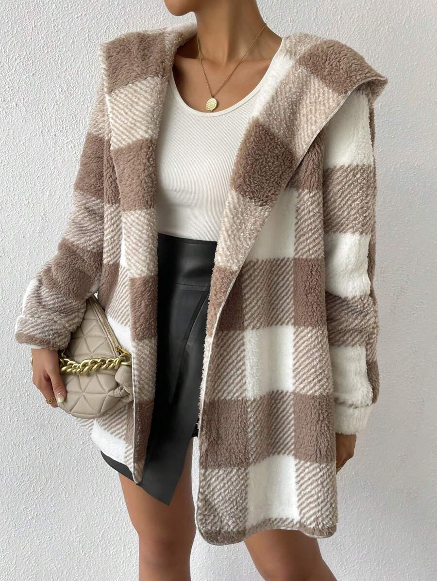 SHEIN Unity Buffalo Plaid Pattern Hooded Flannel Coat | SHEIN USA