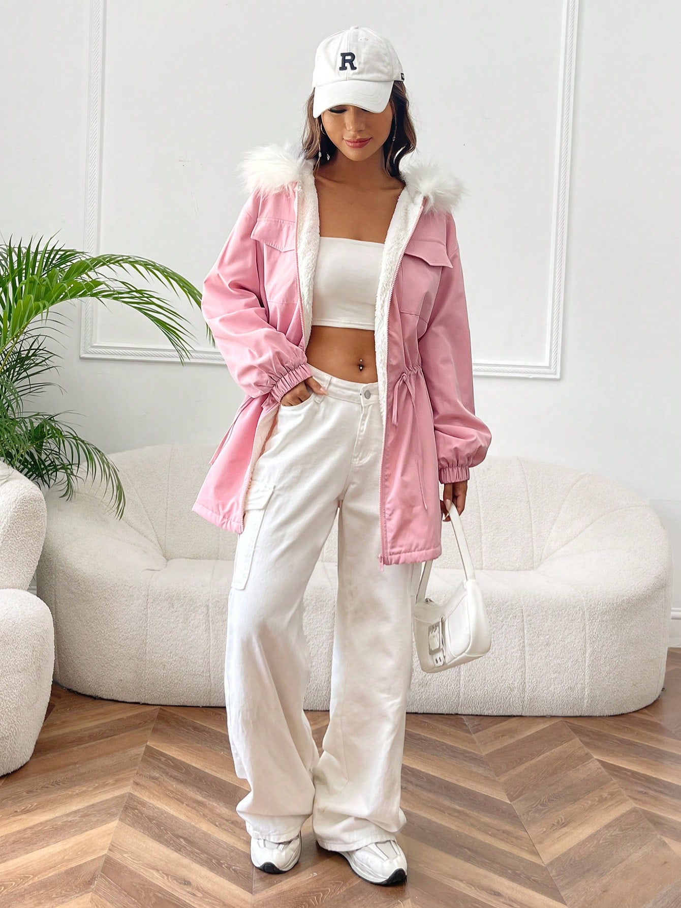 Shein Ezwear Fuzzy Trim Drawstring Waist Hooded Coat Shein Usa