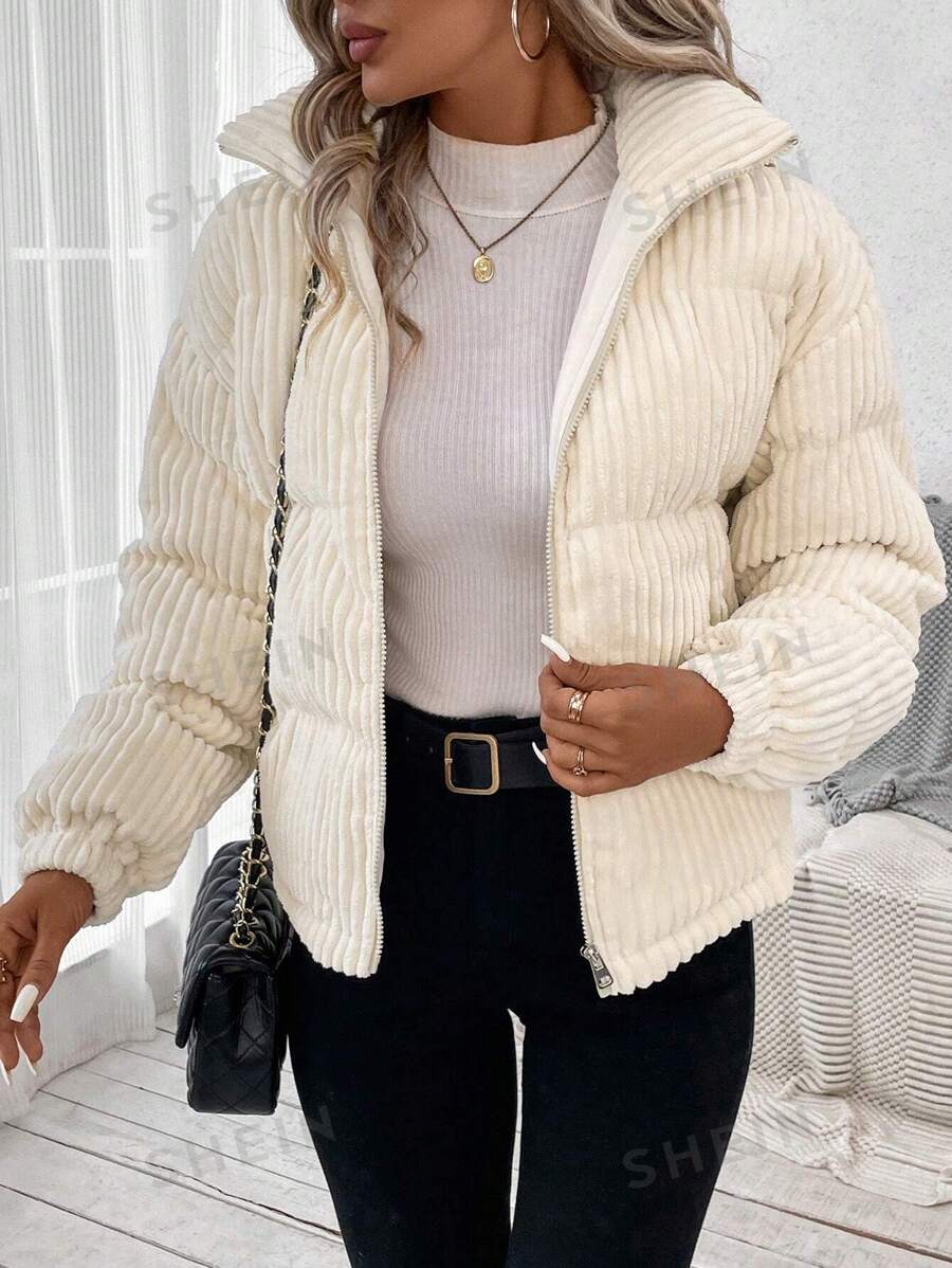 SHEIN LUNE Zip Up Corduroy Puffer Coat | SHEIN UK