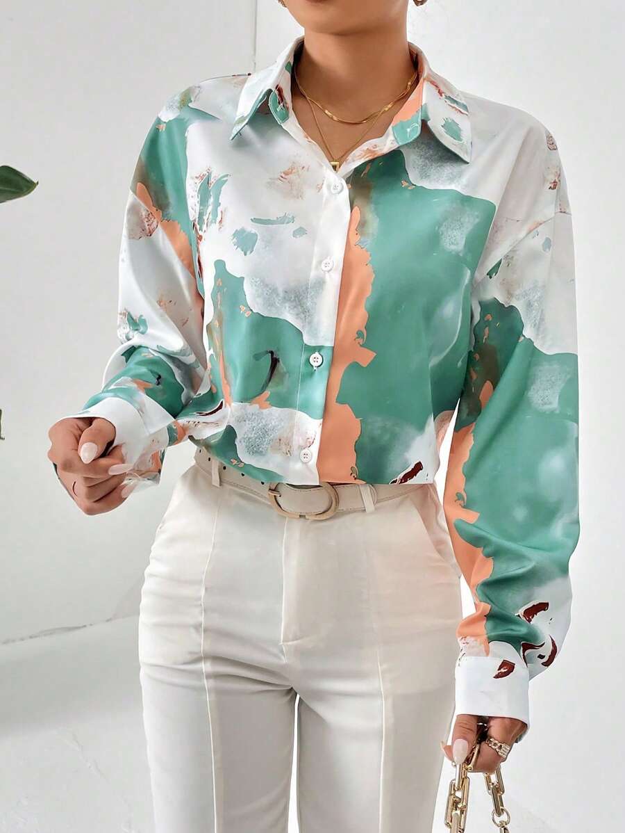 SHEIN Privé Ink Print Drop Shoulder Shirt | SHEIN USA