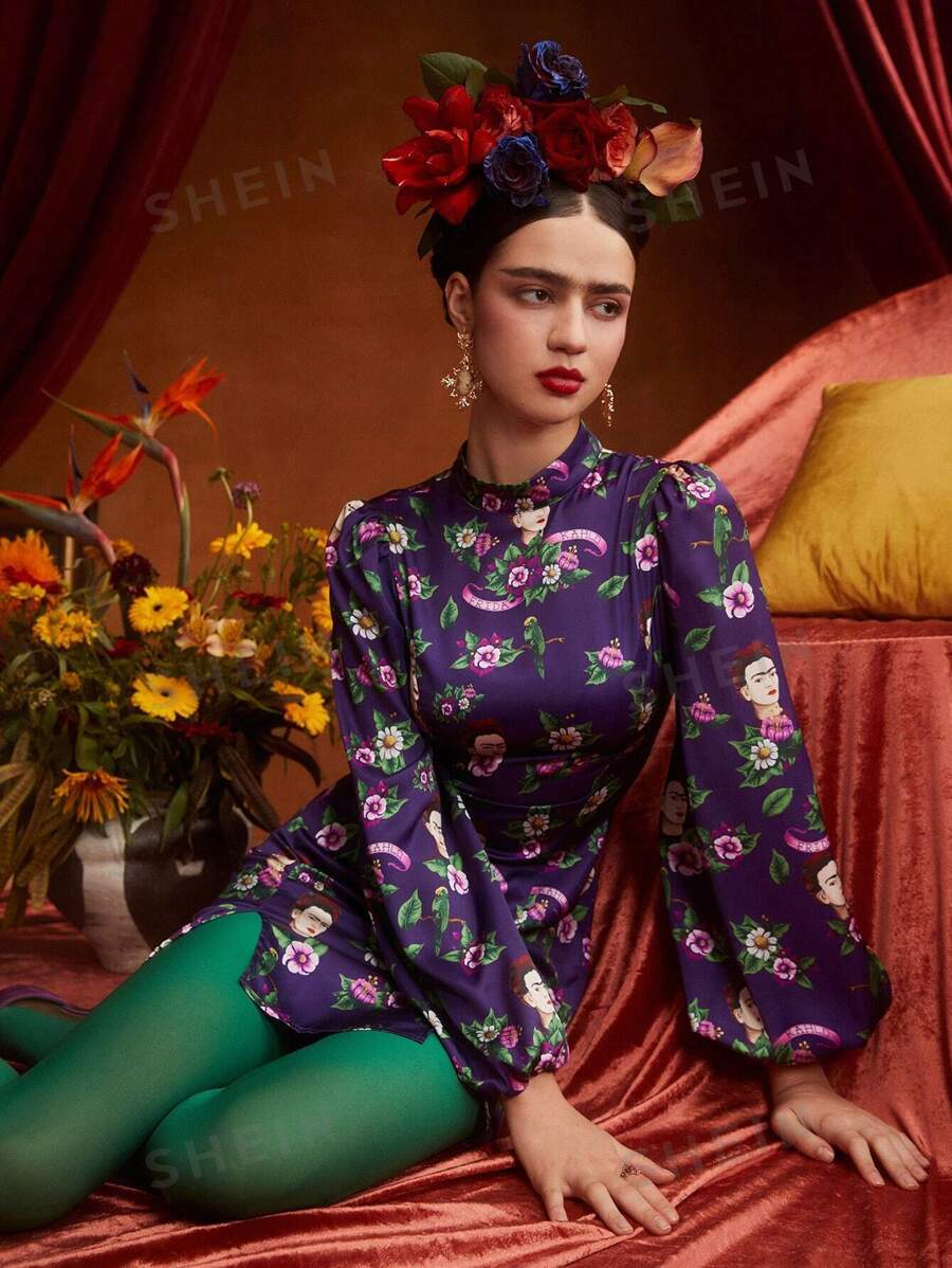 Frida Kahlo X SHEIN Figure Graphic Mock Neck Lantern Sleeve Split Hem ...