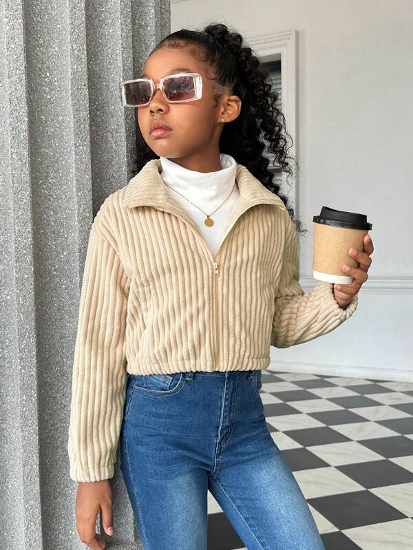 Tween Girl Zip Up Drop Shoulder Corduroy Jacket | SHEIN USA