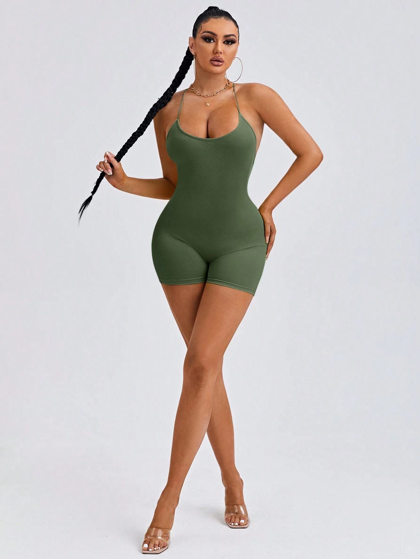 Shein Sxy Solid Criss Cross Backless Cami Unitard Romper Shein Eur