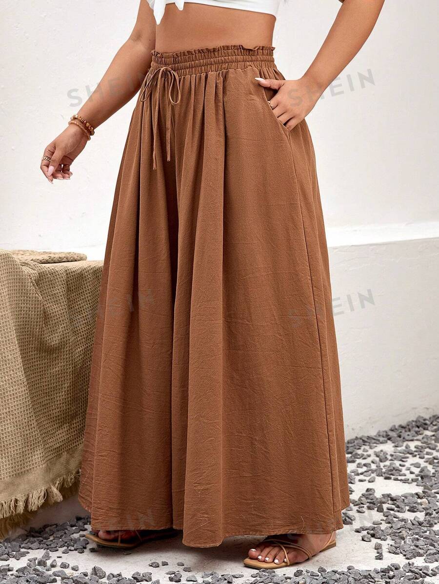 SHEIN CURVE+ Plus Knot Front Wide Leg Summer Brown Pants | SHEIN UK