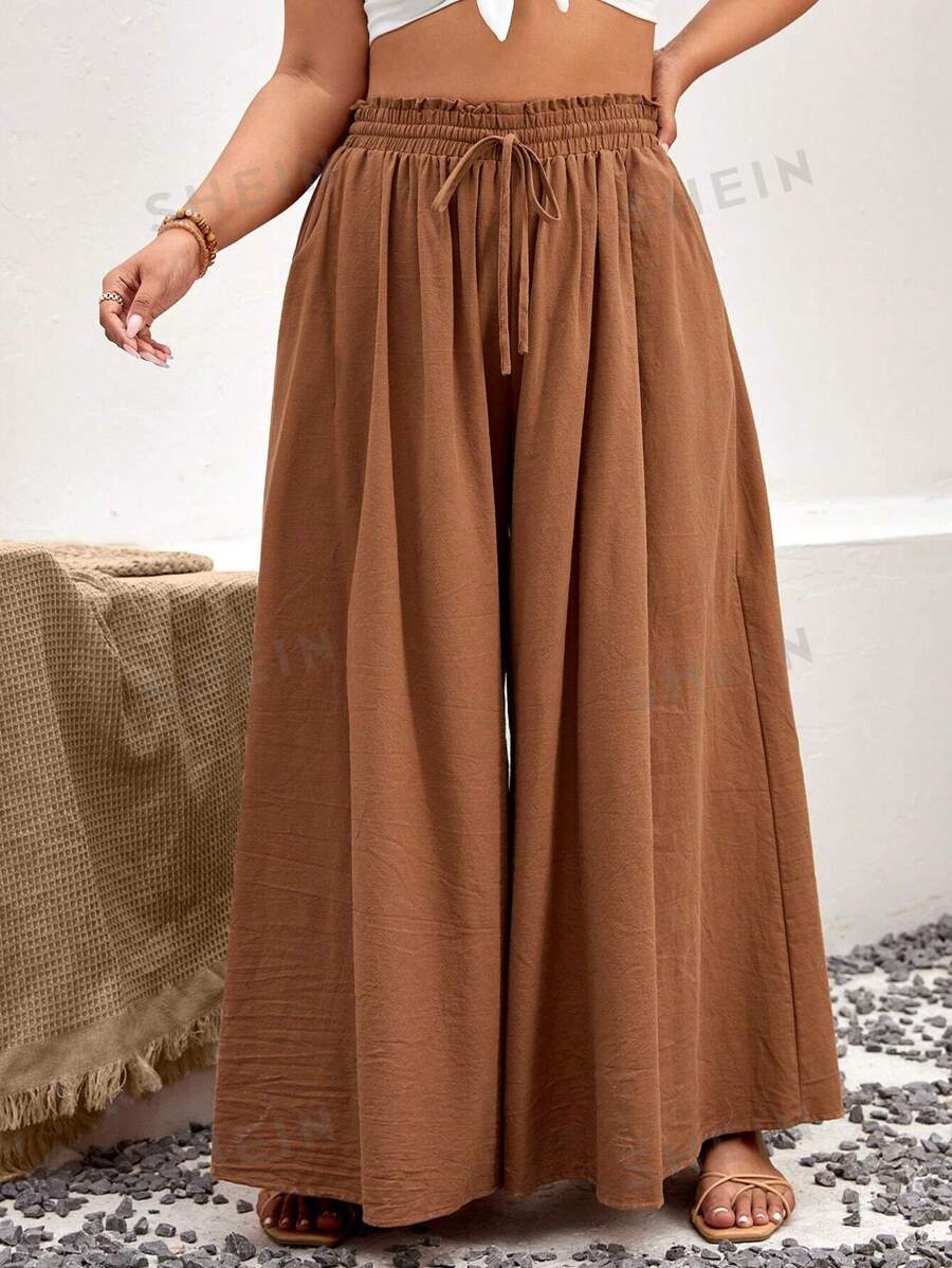 SHEIN CURVE+ Plus Knot Front Wide Leg Summer Brown Pants | SHEIN UK