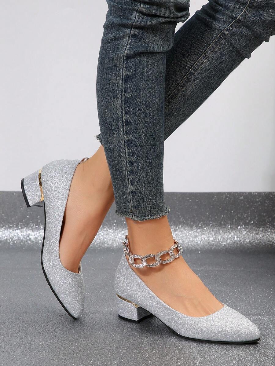 Women's Silver Mid-heel Shoes Pumps With Sequins High Heels | SHEIN USA