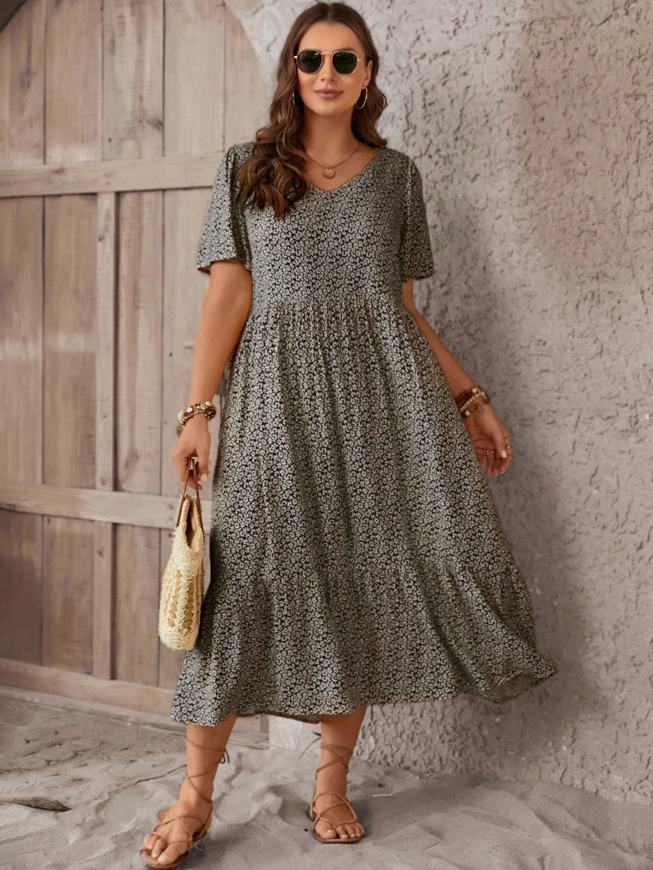 Shein Lune Plus Ditsy Floral Print Ruffle Hem Smock Dress For Sale