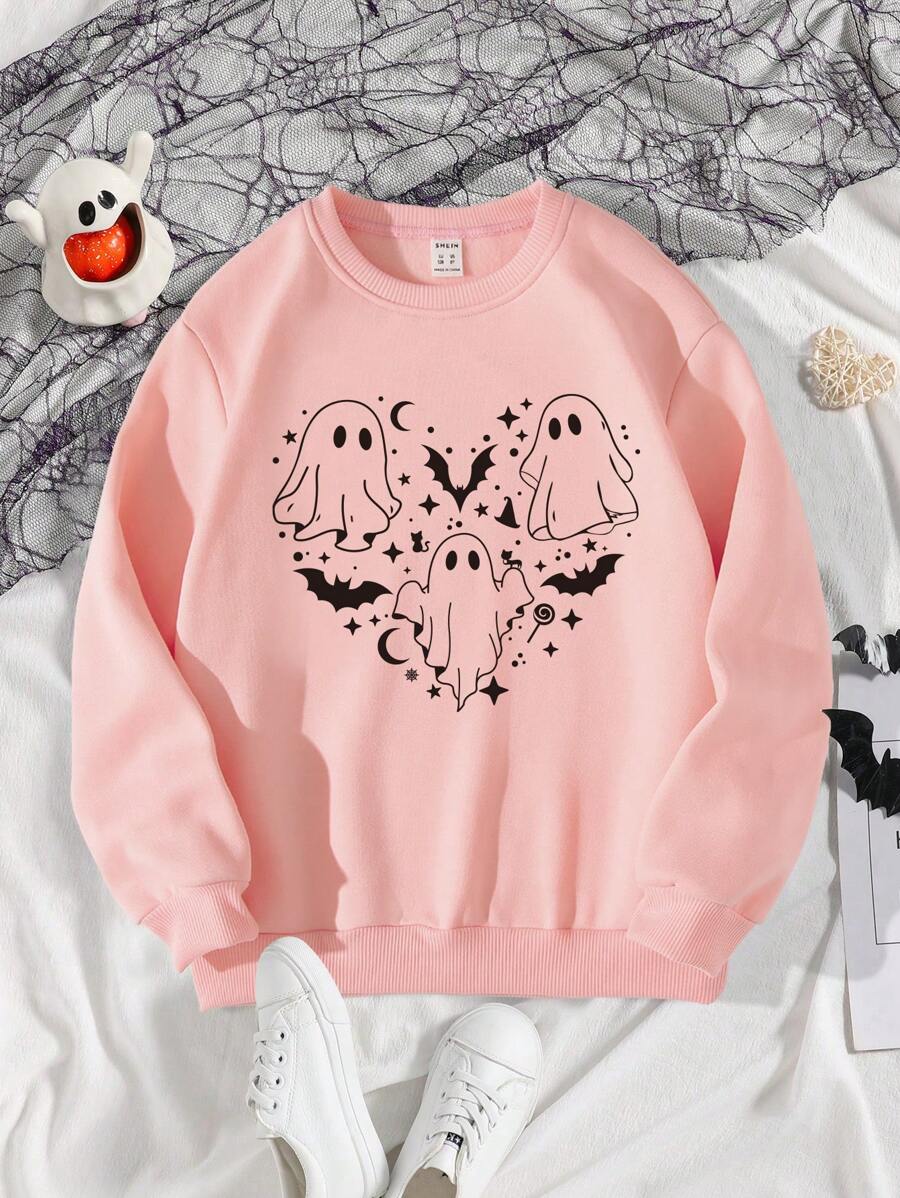 SHEIN Tween Girl Bat & Ghost Print Thermal Lined Sweatshirt | SHEIN EUR