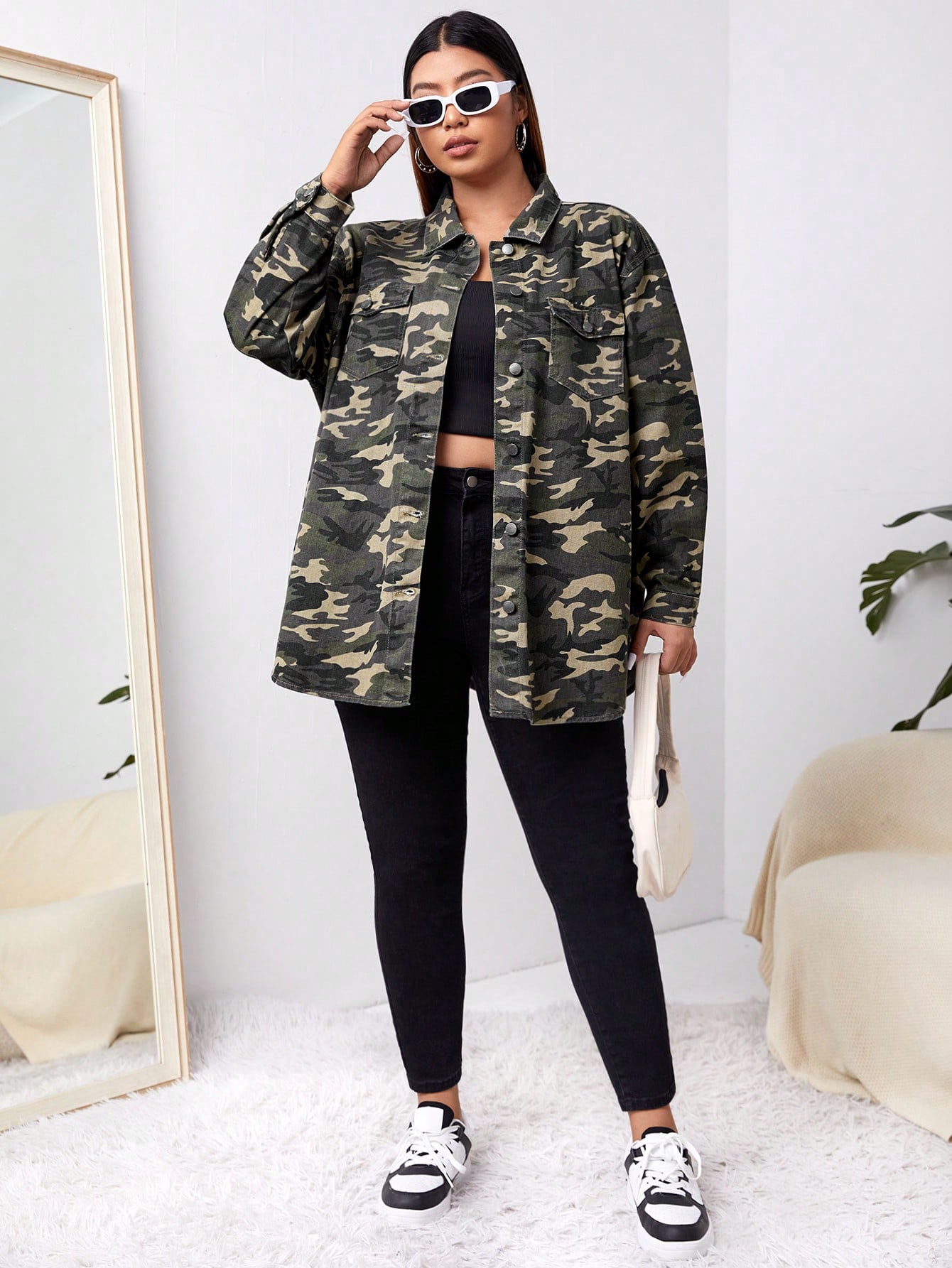 Shein Ezwear Plus Camo Print Drop Shoulder Flap Pocket Denim Jacket