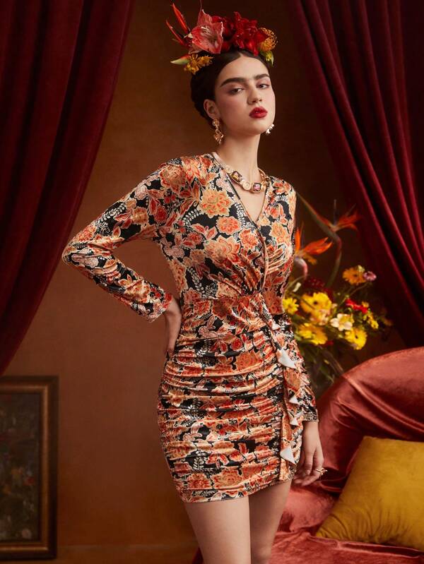 Frida Kahlo X Shein Floral Print Ruched Bodycon Dress Shein Usa