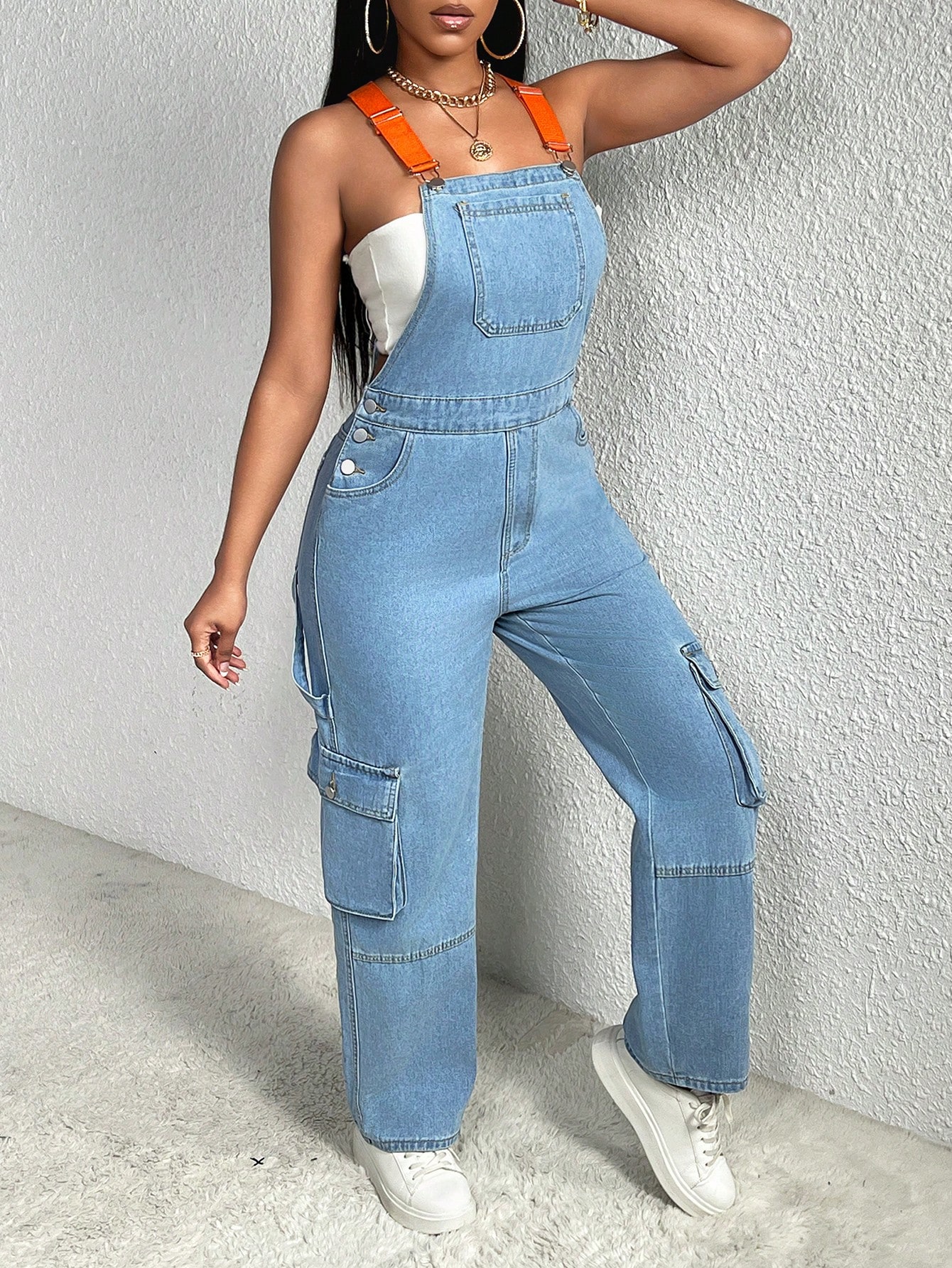 SHEIN SXY Flap Pocket Side Denim Overalls Without Tube Top | SHEIN USA