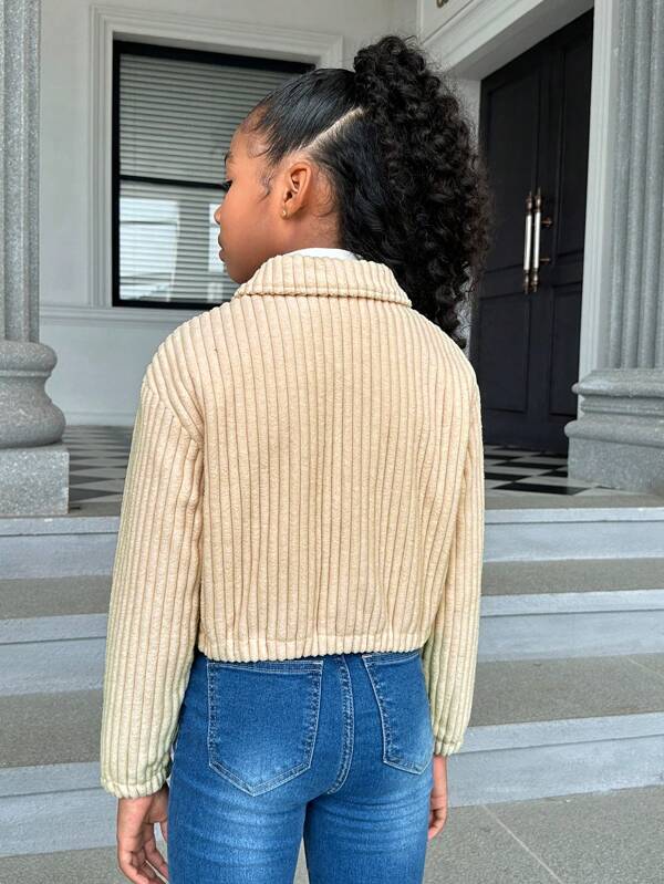 Tween Girl Zip Up Drop Shoulder Corduroy Jacket | SHEIN USA