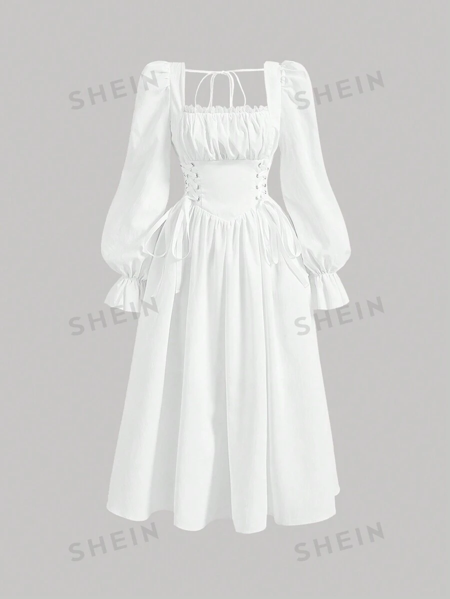 SHEIN MOD Square Neck Flare Sleeve Lace Up Waist Ruched Bust Vintage ...