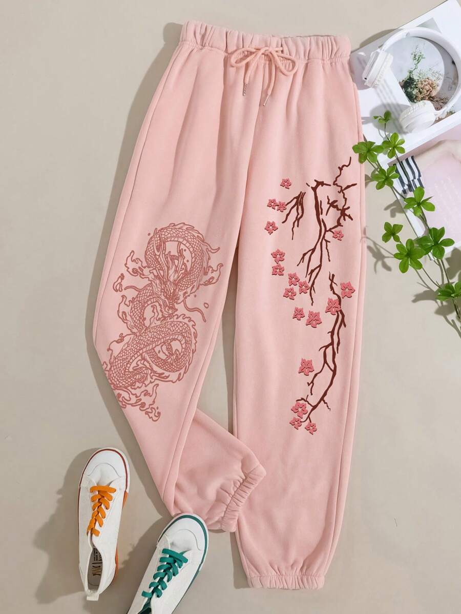 INAWLY Chinese Dragon & Floral Print Drawstring Waist Sweatpants ...