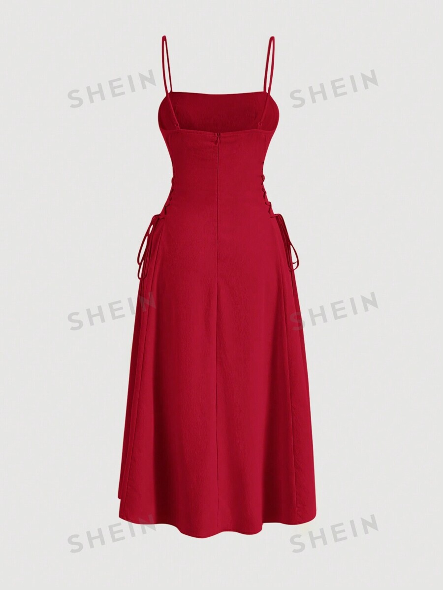 SHEIN MOD Red Date Night Long Dress Ruched Bust Lace Up Side Cami Dress ...