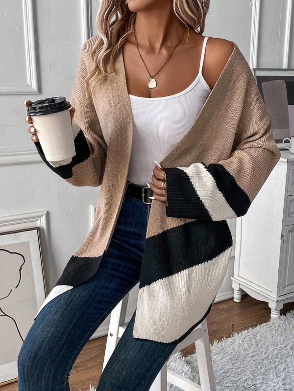 SHEIN LUNE Color Block Drop Shoulder Open Front Cardigan | SHEIN UK