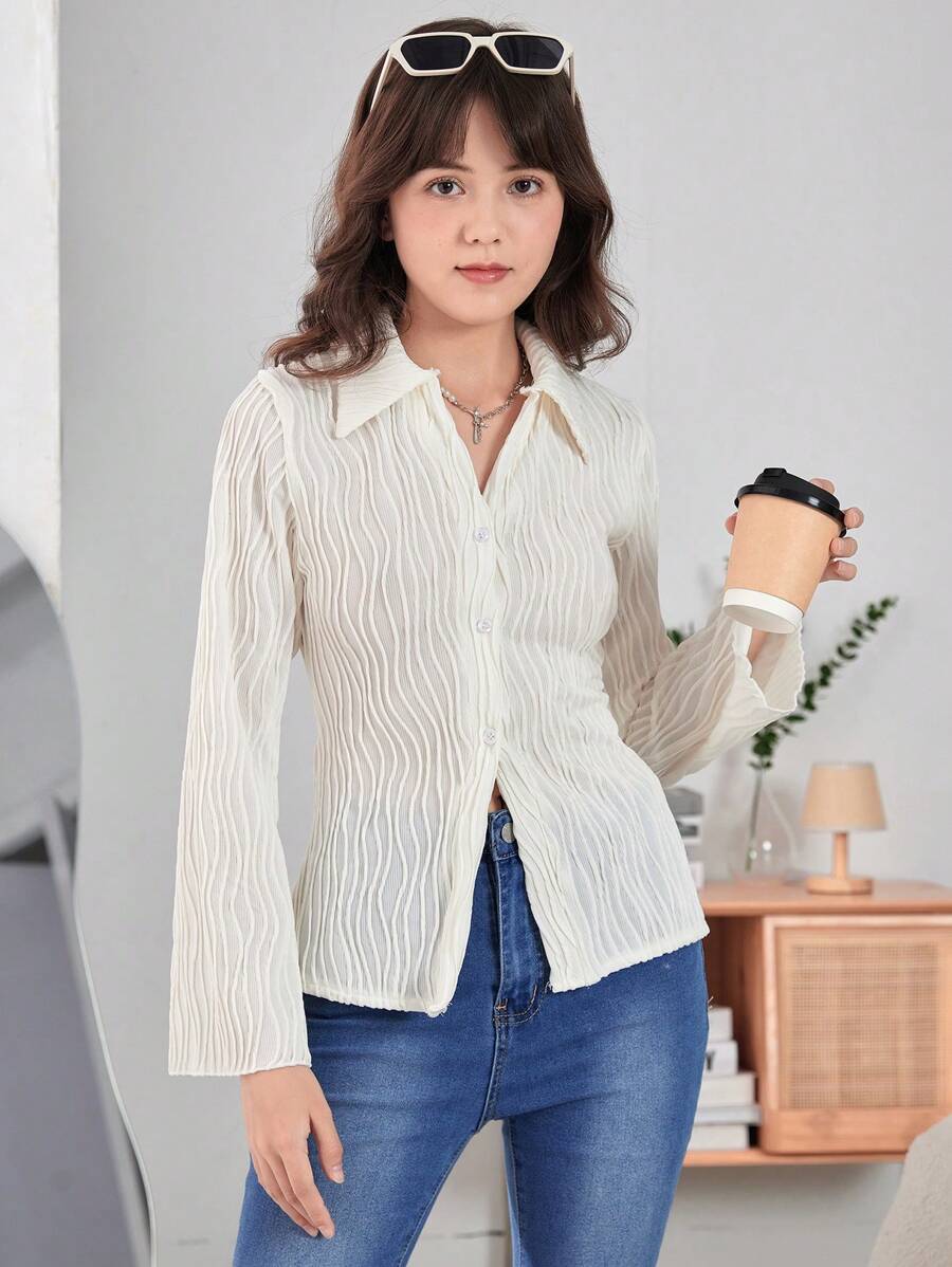 Teen Girls Button Front Shirt Shein Usa