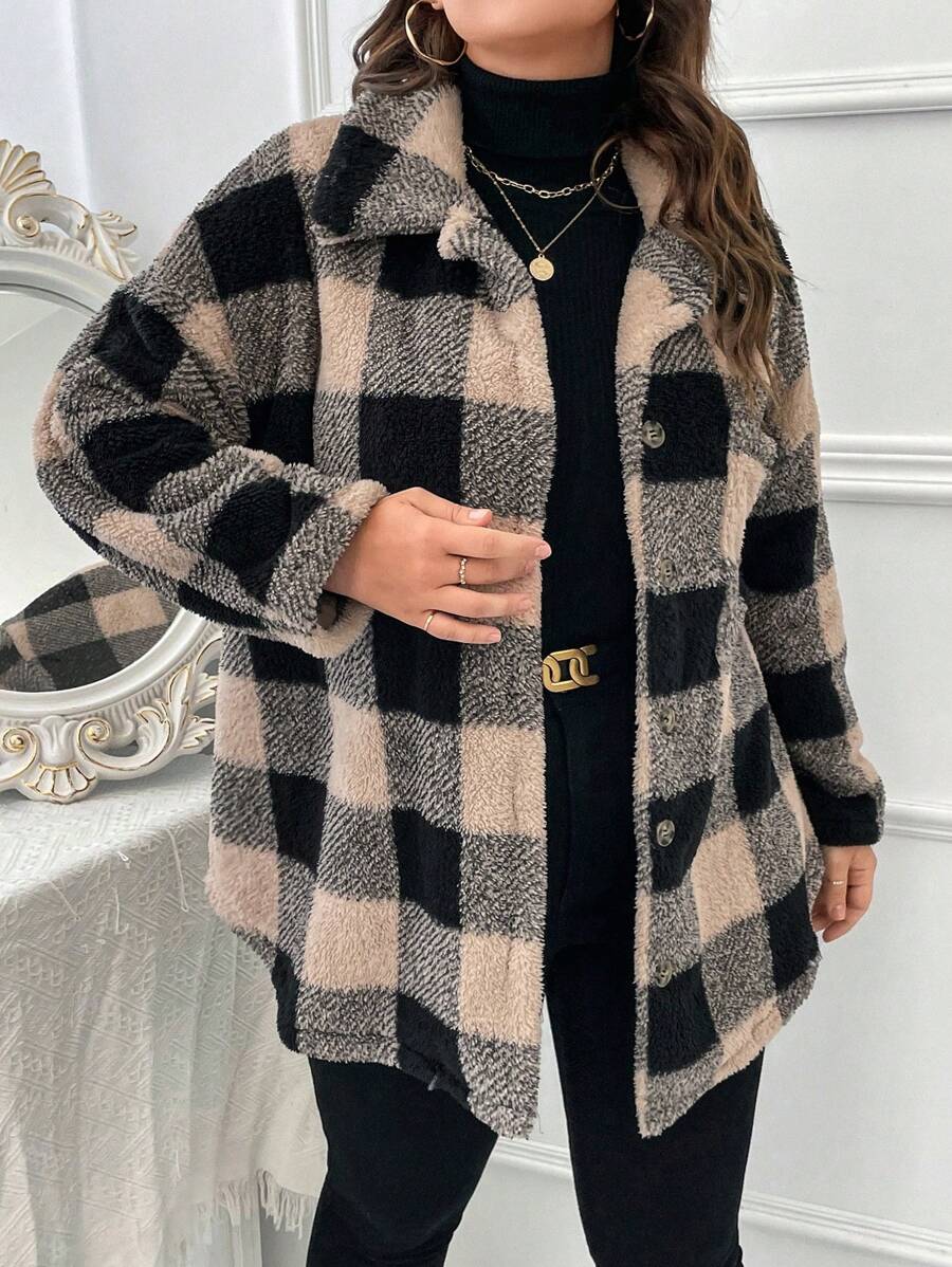 SHEIN LUNE Plus Buffalo Plaid Pattern Drop Shoulder Teddy Coat | SHEIN USA