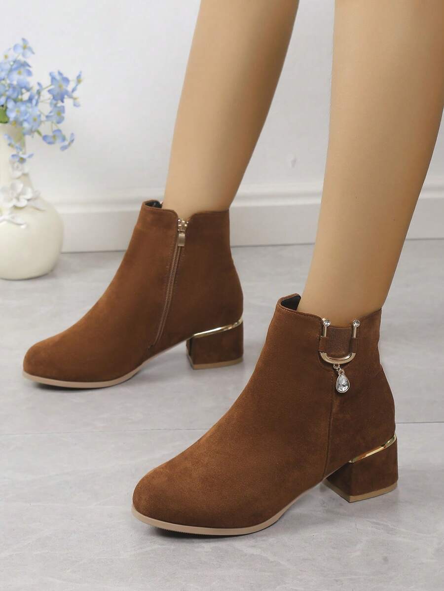Minimalist Mid Chunky Heel Brown Suede Ankle Boots For Women With ...