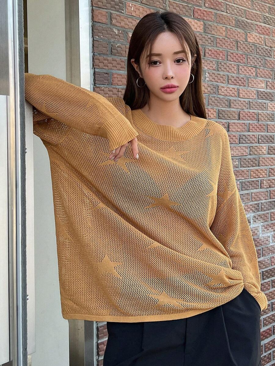 DAZY Star Pattern Drop Shoulder Sweater Y2k Sheer,Fall Clothes | SHEIN USA