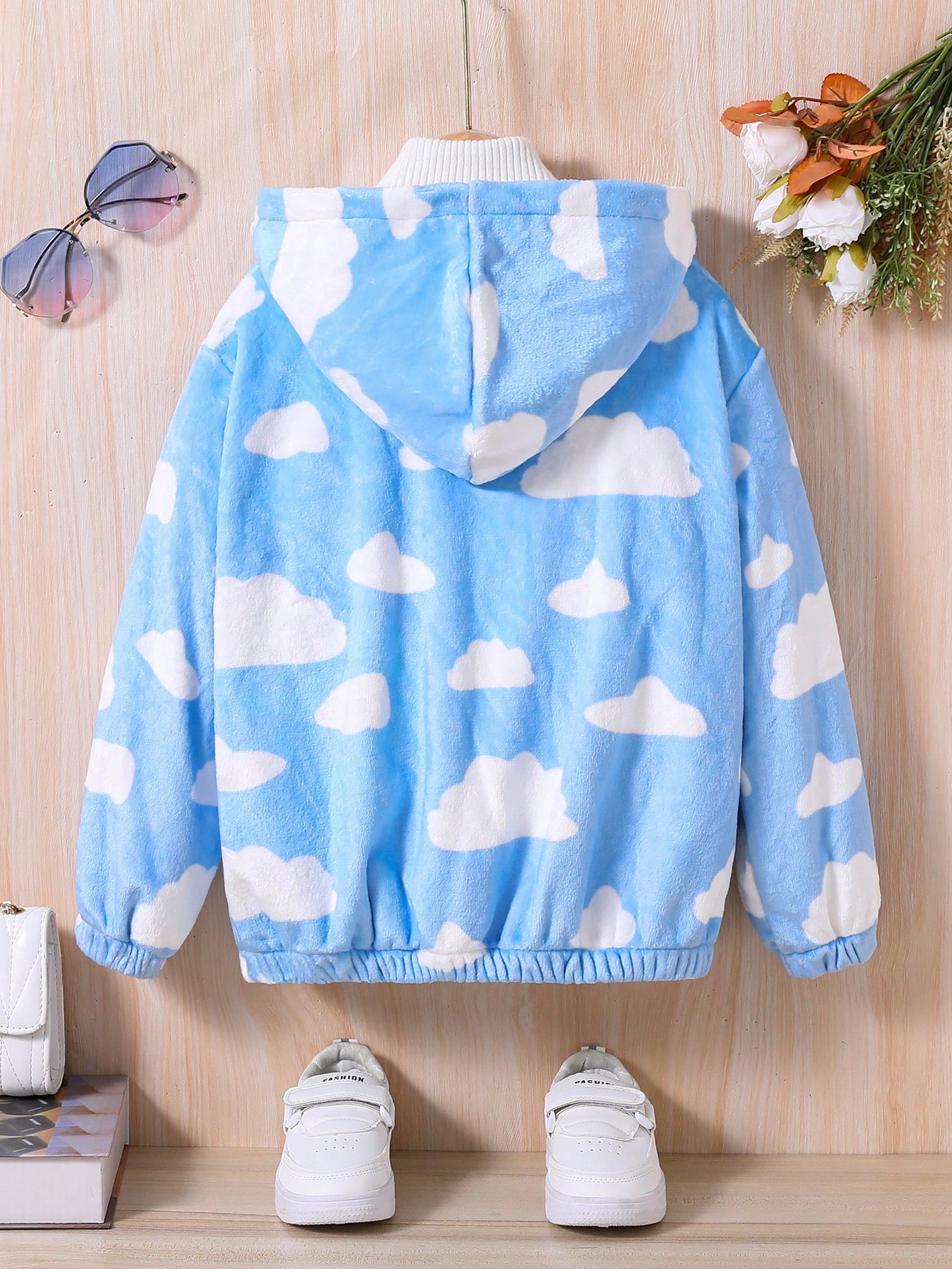 Tween Girl Cloud Print Thermal Lined Hooded Jacket | SHEIN UK