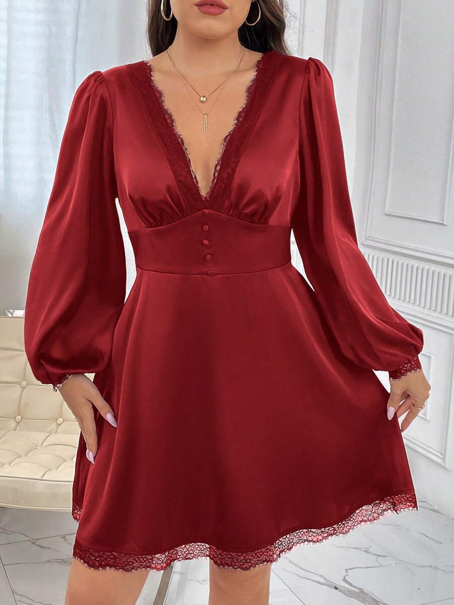 SHEIN Privé Talla grande Vestido con encaje en contraste de manga farol ...