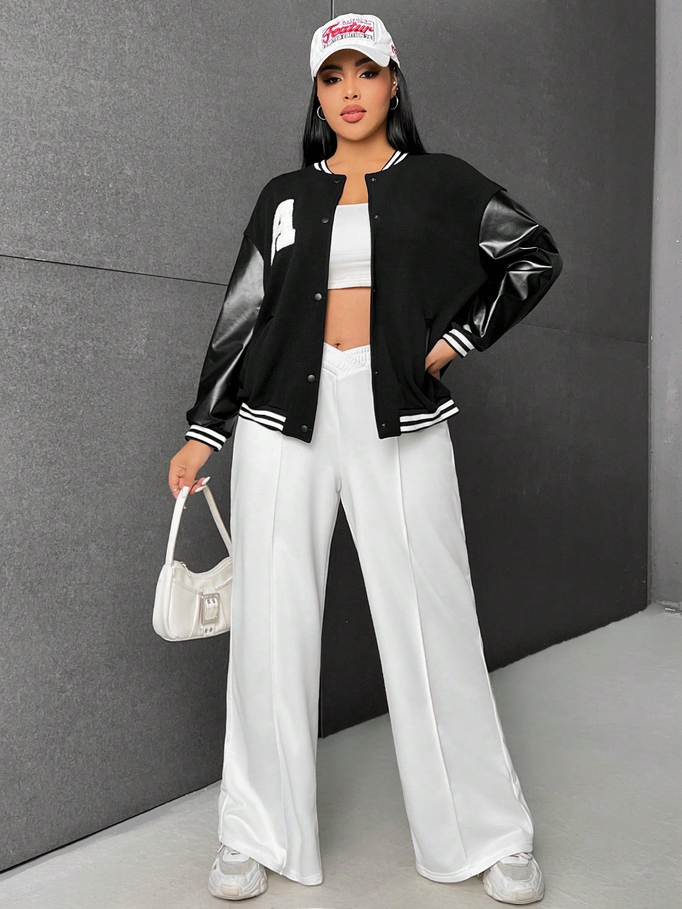 SHEIN EZwear Plus Letter Patched Striped Trim Drop Shoulder Varsity Jacket | SHEIN USA
