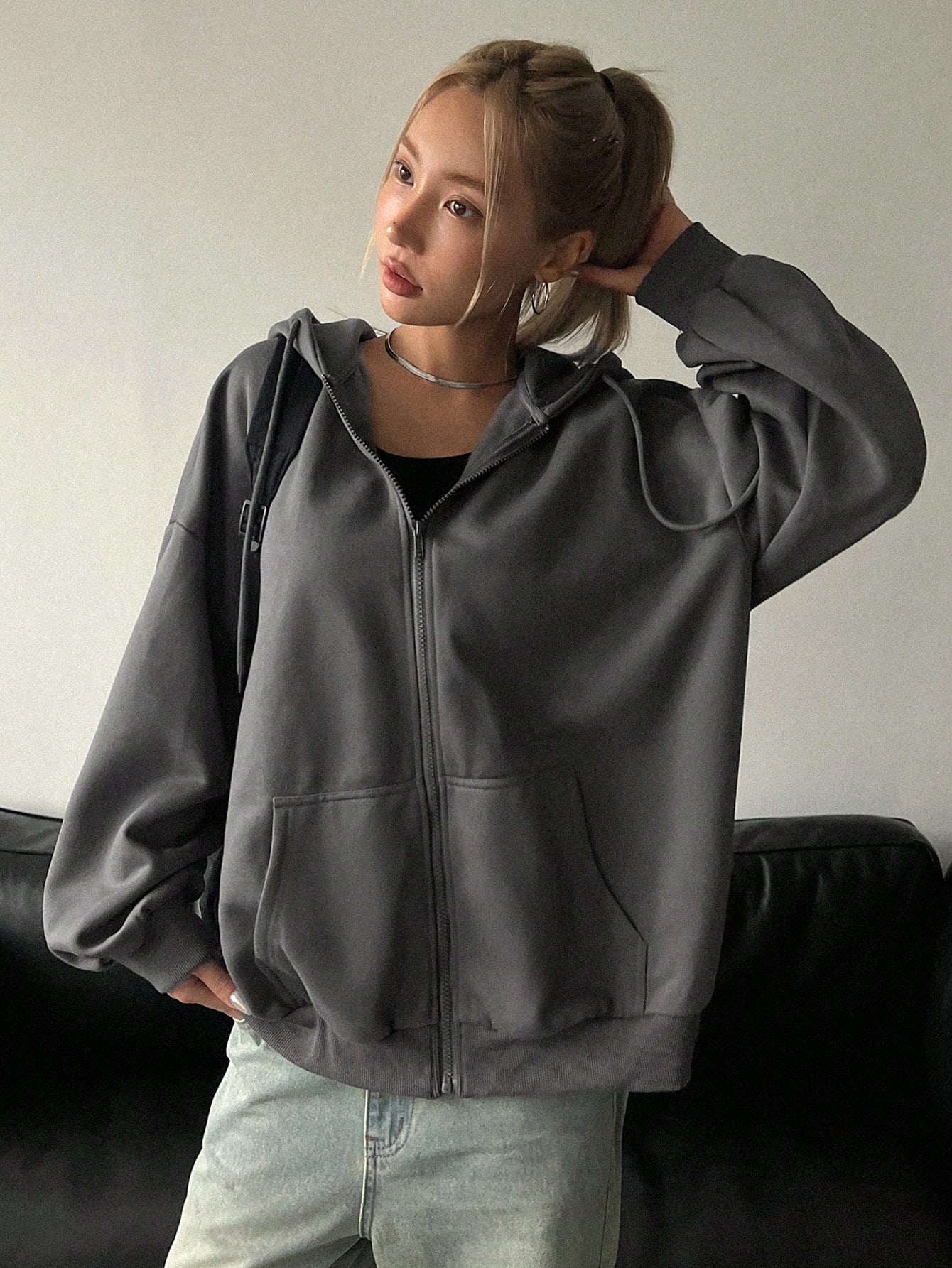 Dazy Solid Drop Shoulder Zip Up Drawstring Hoodie Shein Usa