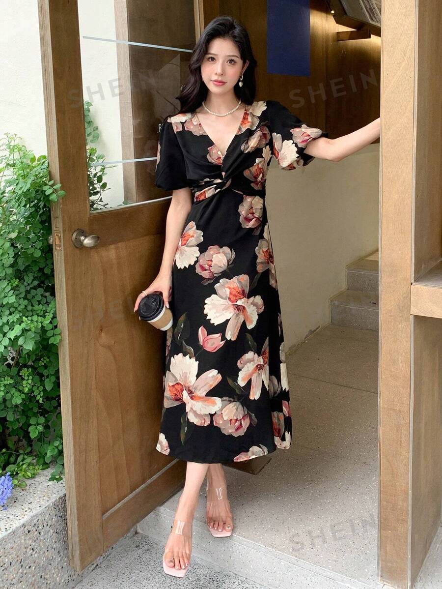 DAZY Floral Print Surplice Neck Dress | SHEIN USA