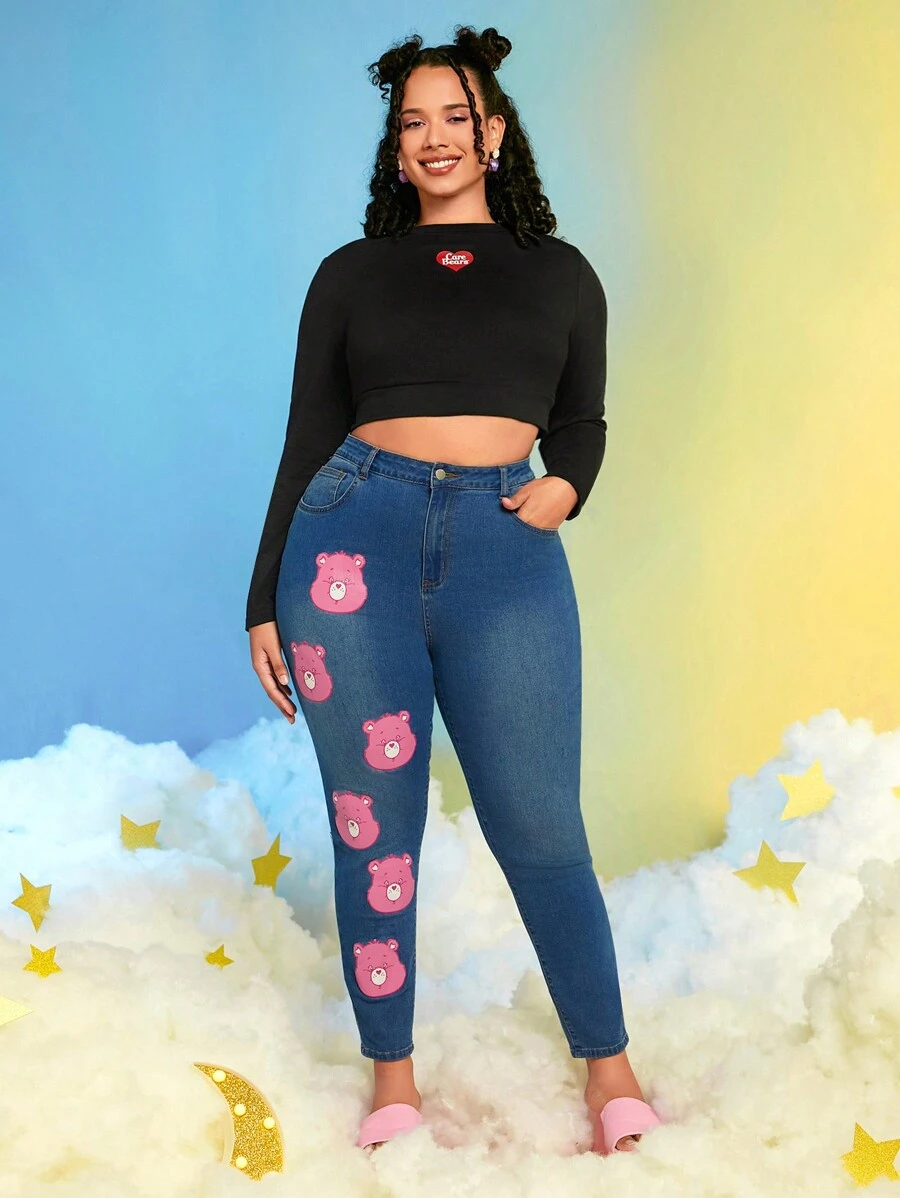 SHEIN X Care Bears Plus Cartoon Graphic Skinny Jeans | SHEIN USA