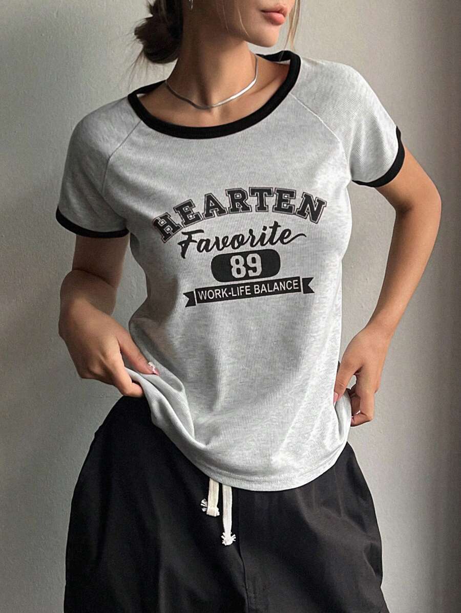 DAZY Letter Graphic Contrast Binding Tee | SHEIN USA