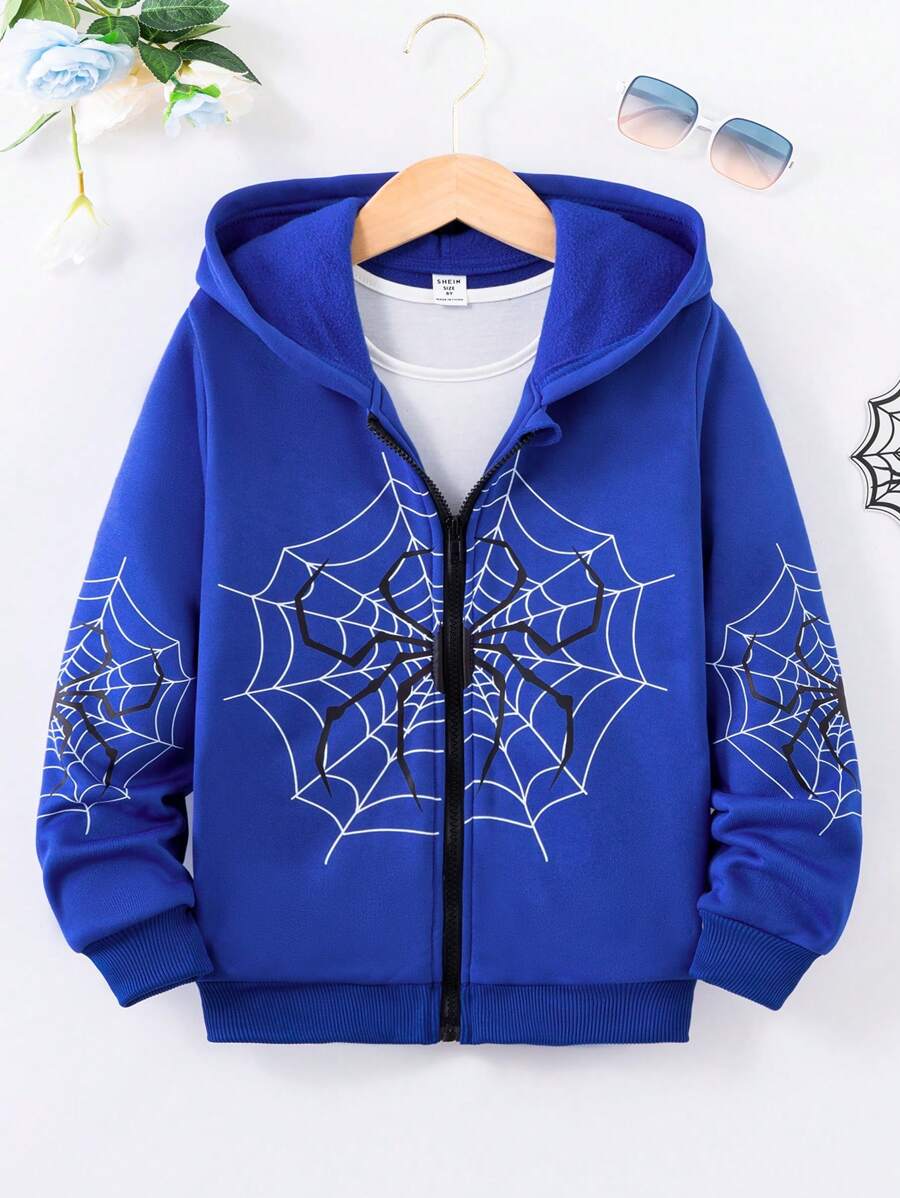 SHEIN Tween Girl Spider Web Print Zip Up Hoodie Without Tee | SHEIN UK