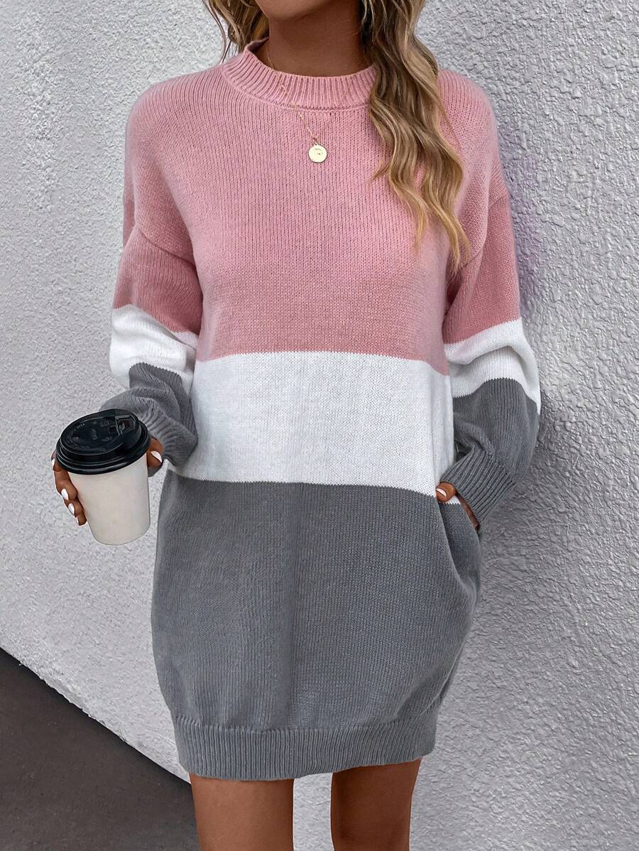 EMERY ROSE Color Block Drop Shoulder Sweater Dress Fall Winter Cloth ...